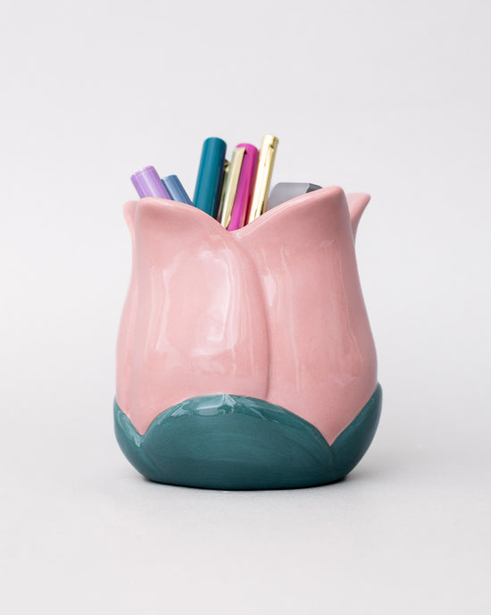 Pink Tulip Ceramic Pencil Cup | Floral Desk Accessory | ban.do