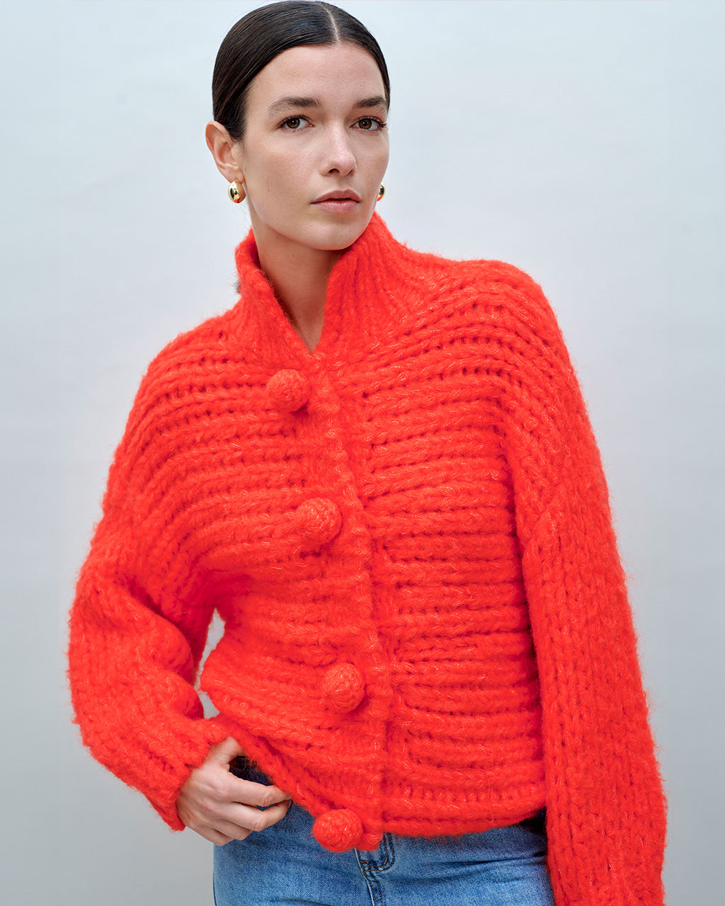 Red Hand Knitted Pom Pom Cardigan – ban.do