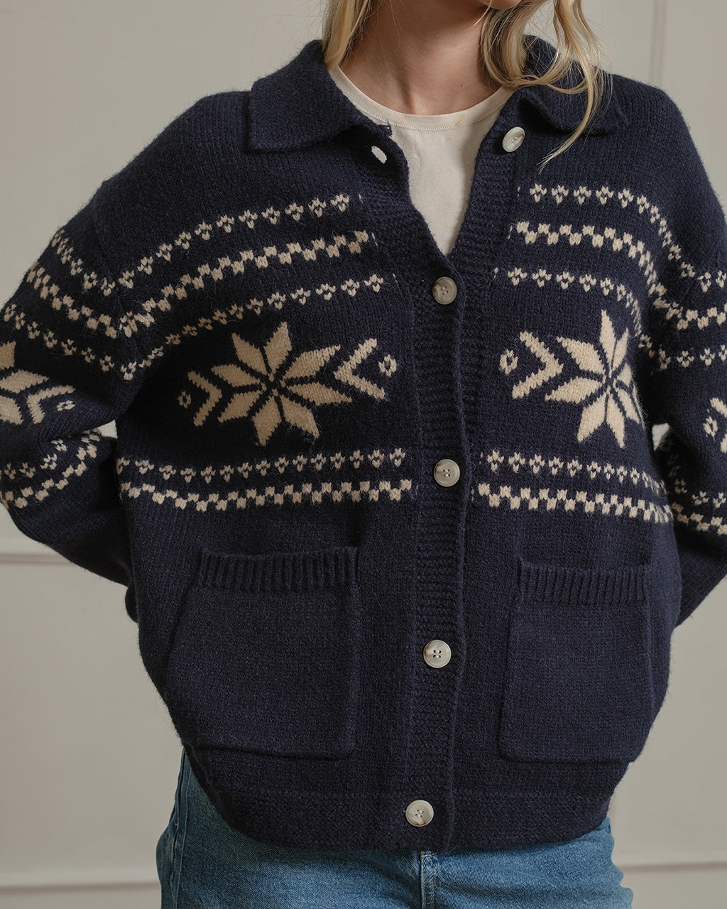 Nordic Snowflake Knit Cardigan - Navy – ban.do